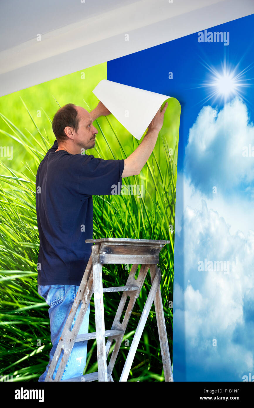 Man Putting Up Wallpaper For Changing Of Scenery Stock Photo Alamy man-putting-up-wallpaper-for-changing-of-scenery-stock-photo-alamy