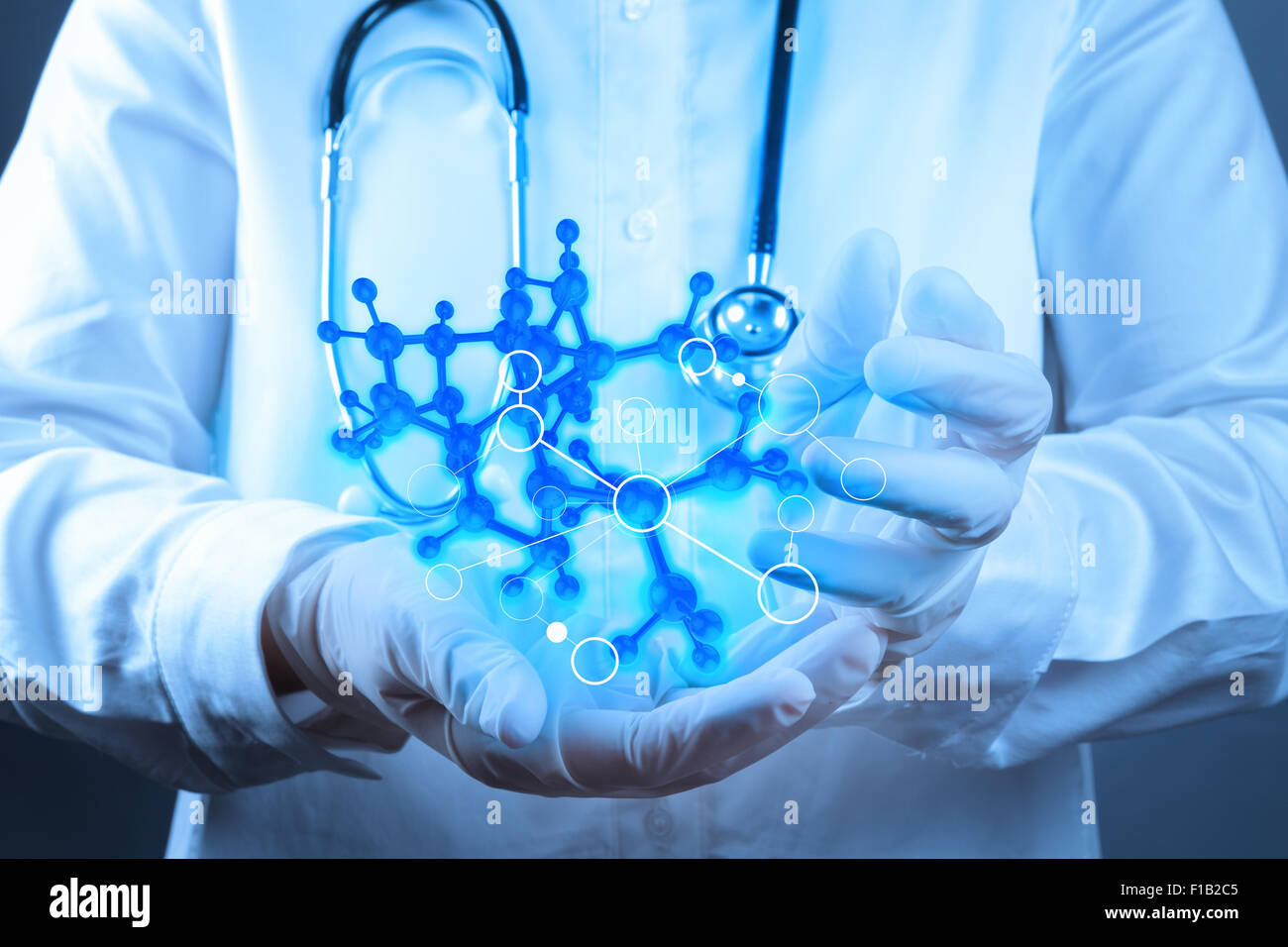 scientist doctor hand touch virtual molecular structure in the lab ...