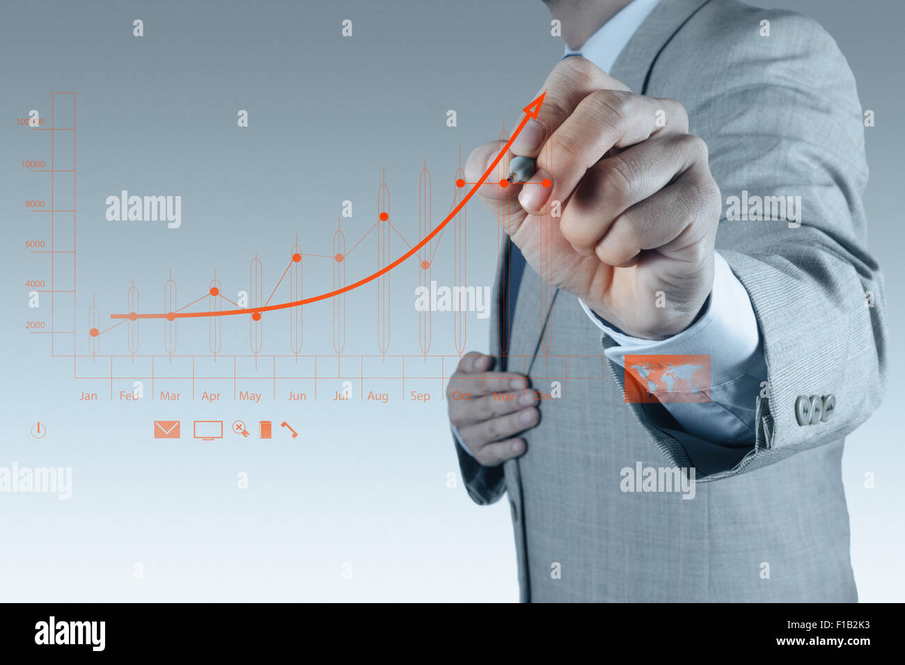 businessman hand drawing virtual chart business on touch screen ...