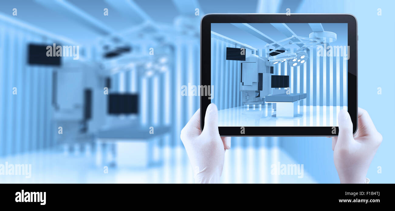 hand using tablet computer show equipment and medical devices in modern ...