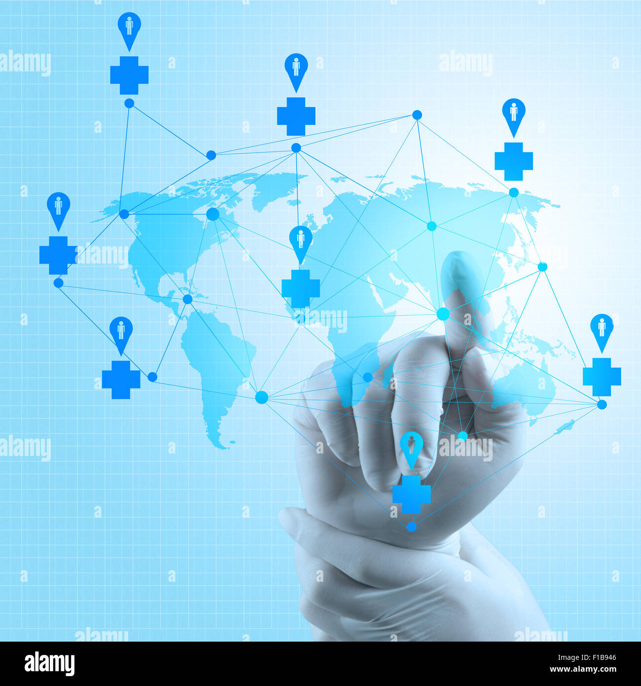 Medical Docto rhand pointing at a world map as medical network concept ...
