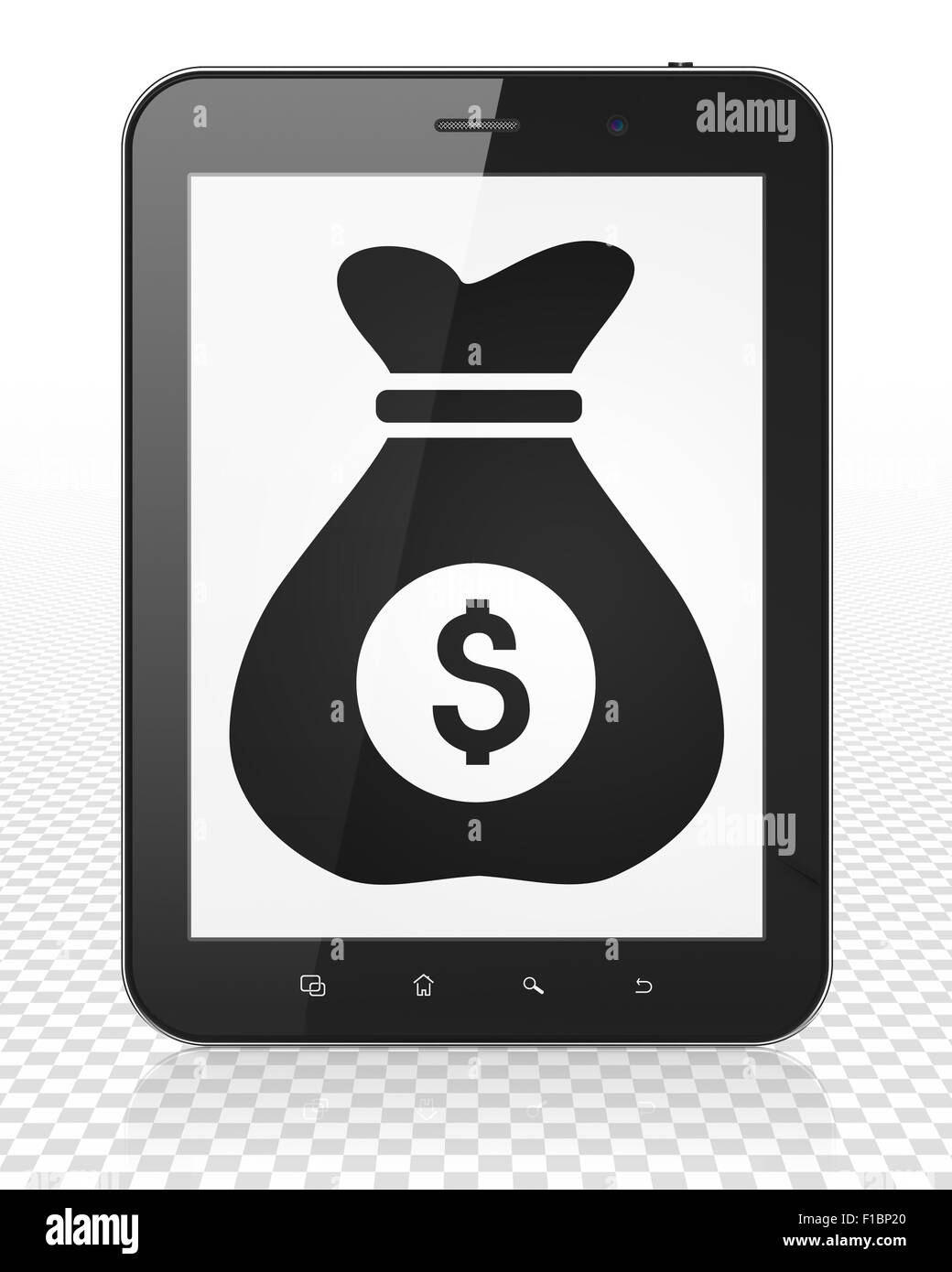 Finance concept: Tablet Pc Computer with Money Bag on display Stock ...