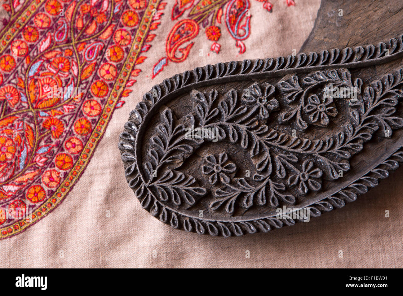 India, Jammu & Kashmir, Srinagar, pashmina pattern printing block and ...