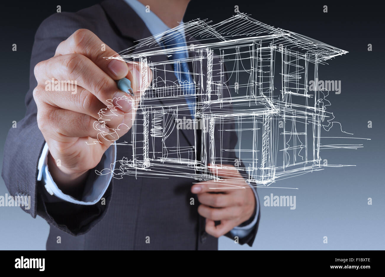 businessman hand drawing house in a whiteboard background Stock Photo ...