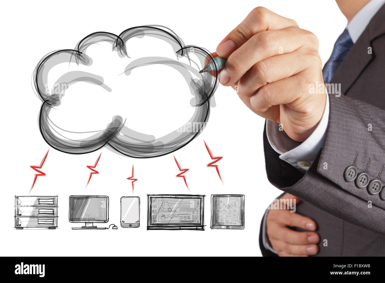 hand drawing a Cloud Computing diagram on the new computer interface ...