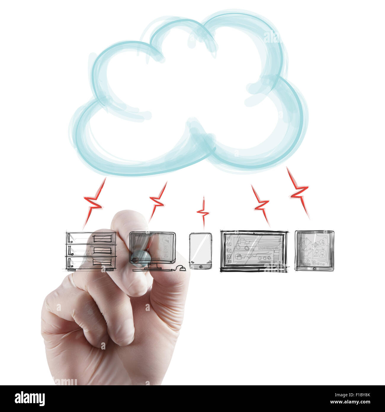 hand drawing a Cloud Computing diagram on the new computer interface ...