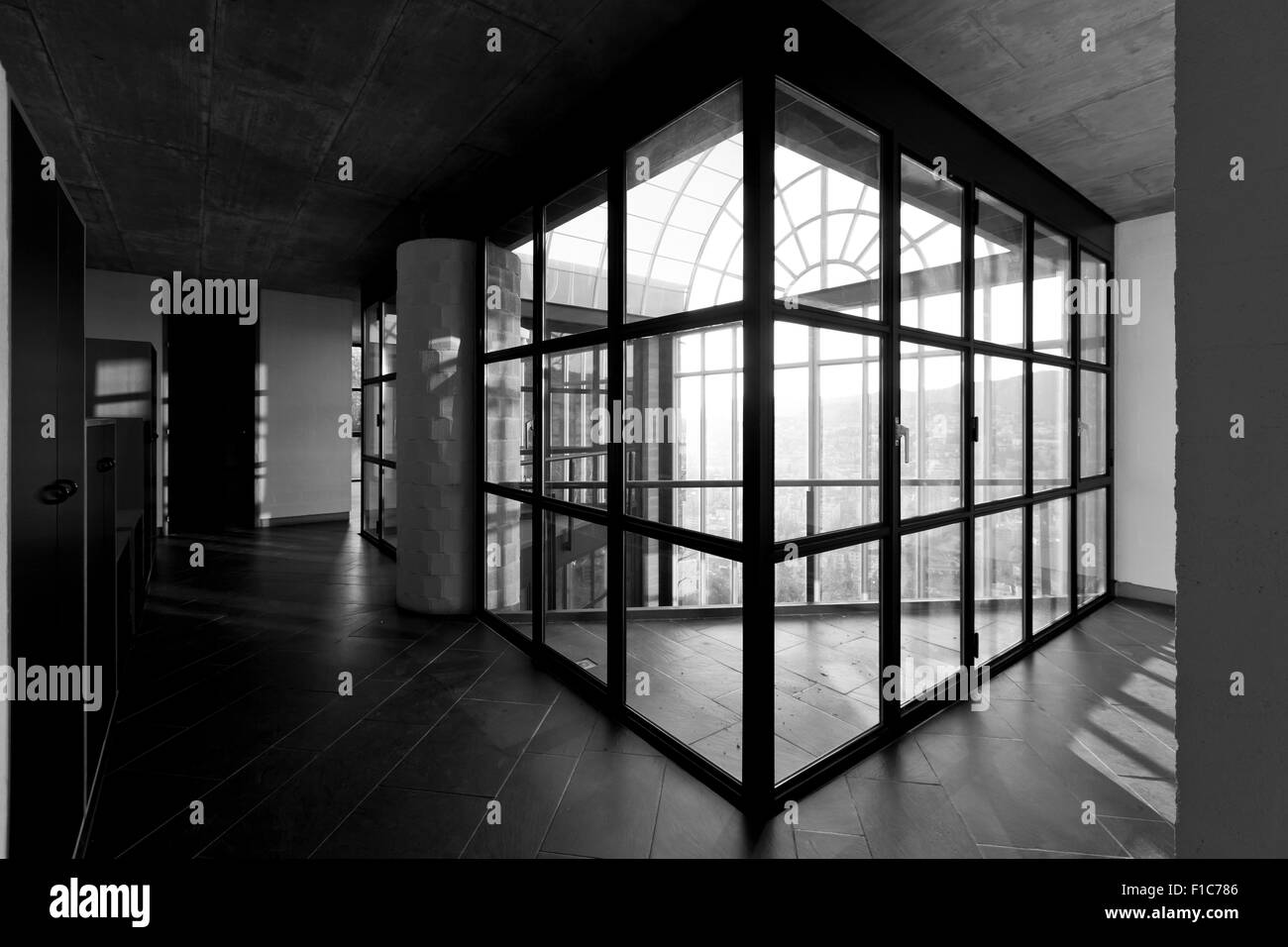 interior modern empty villa, large window in perspective with center ...