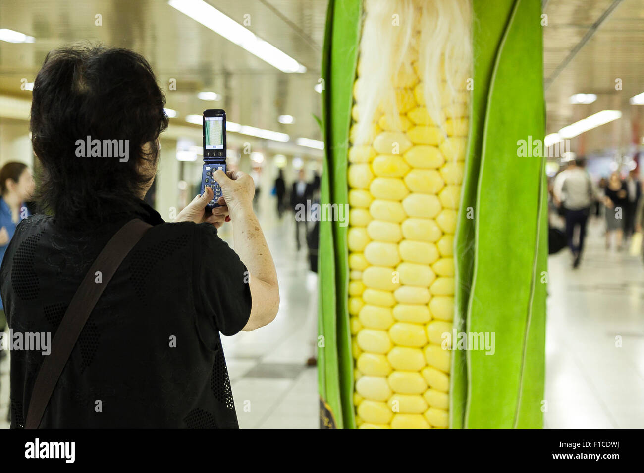 A woman takes a picture of a column displaying a giant corn in the ...