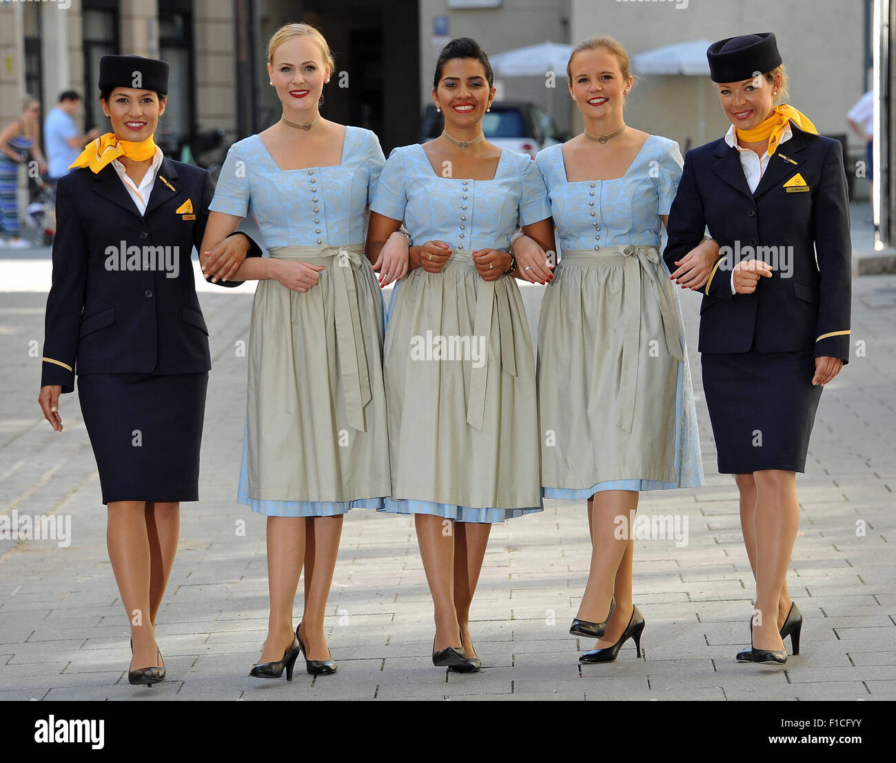 Munich, Germany. 1st Sep, 2015. Three Lufthansa stewardesses in ...