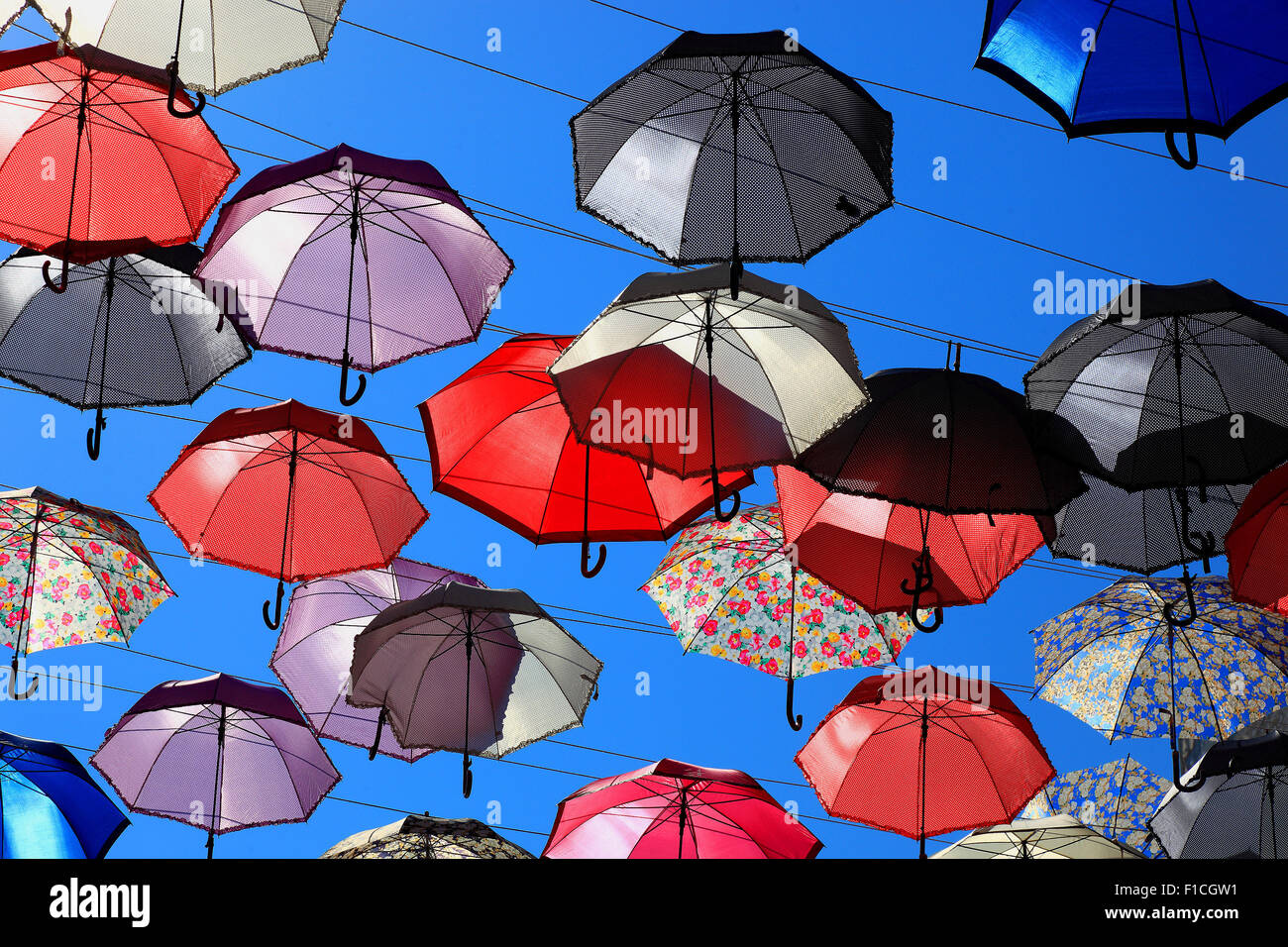 a lot of colorful umbrellas in the sky Stock Photo - Alamy