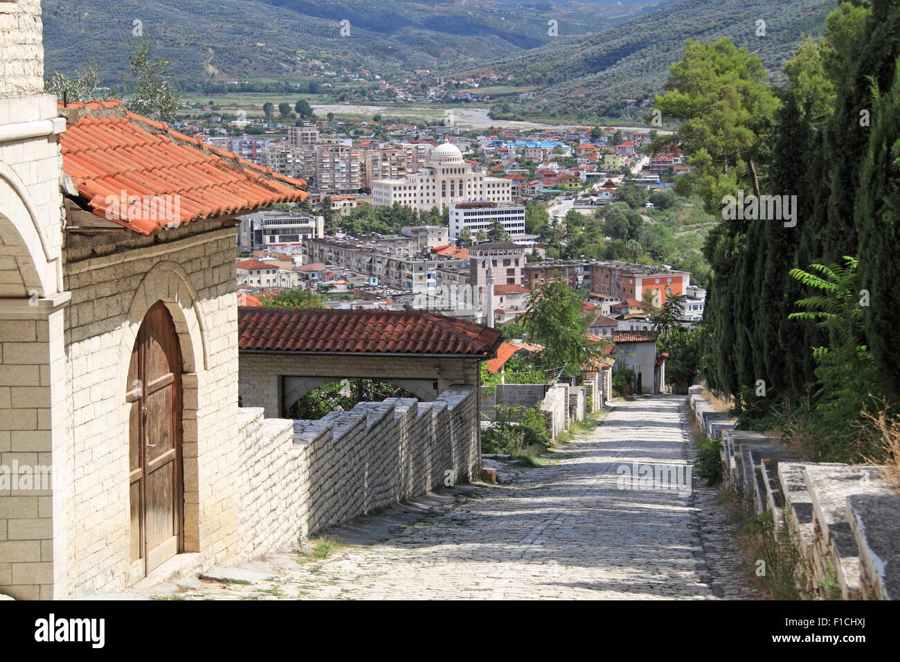 Berati town centre seen from Rruga Mihal Komneno, Mangalemi, Berati ...