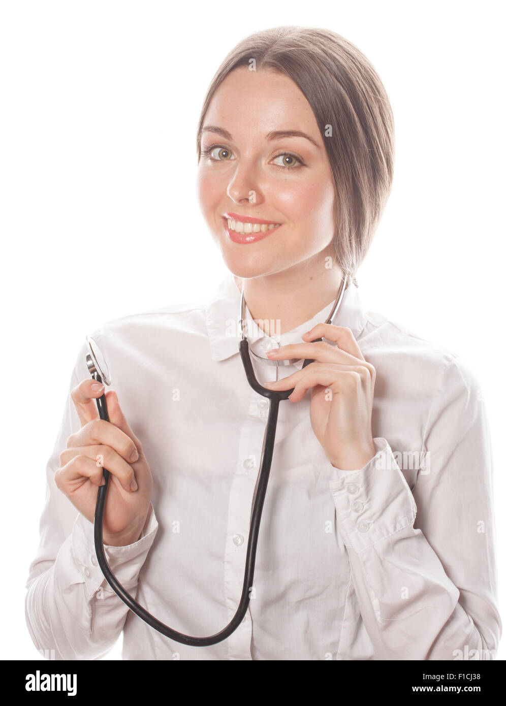 young pretty woman doctor with stethoscope on white background Stock ...