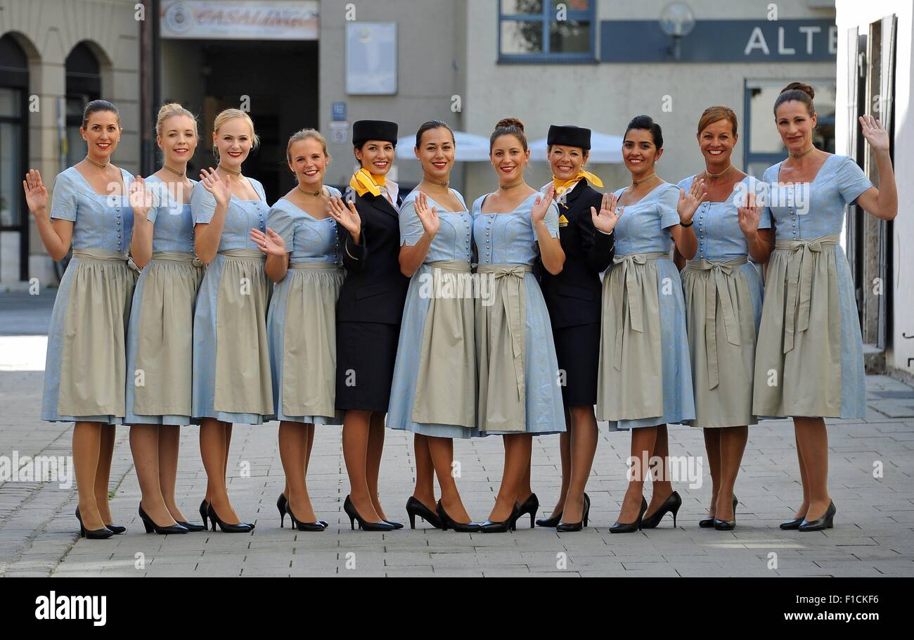 Munich, Germany. 1st Sep, 2015. Lufthansa stewardesses in traditional ...