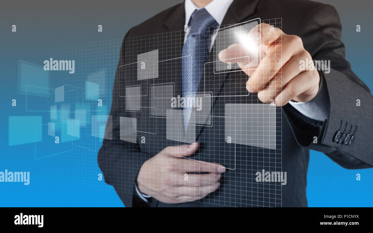 businessman hand drawing virtual chart business on touch screen ...