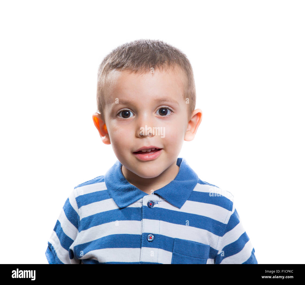 Portrait of surprised beautiful little boy isolated on white background ...