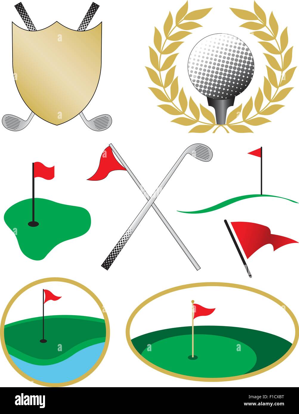 Eight Color Golf Icons including a golf ball, shield, clubs and flags ...