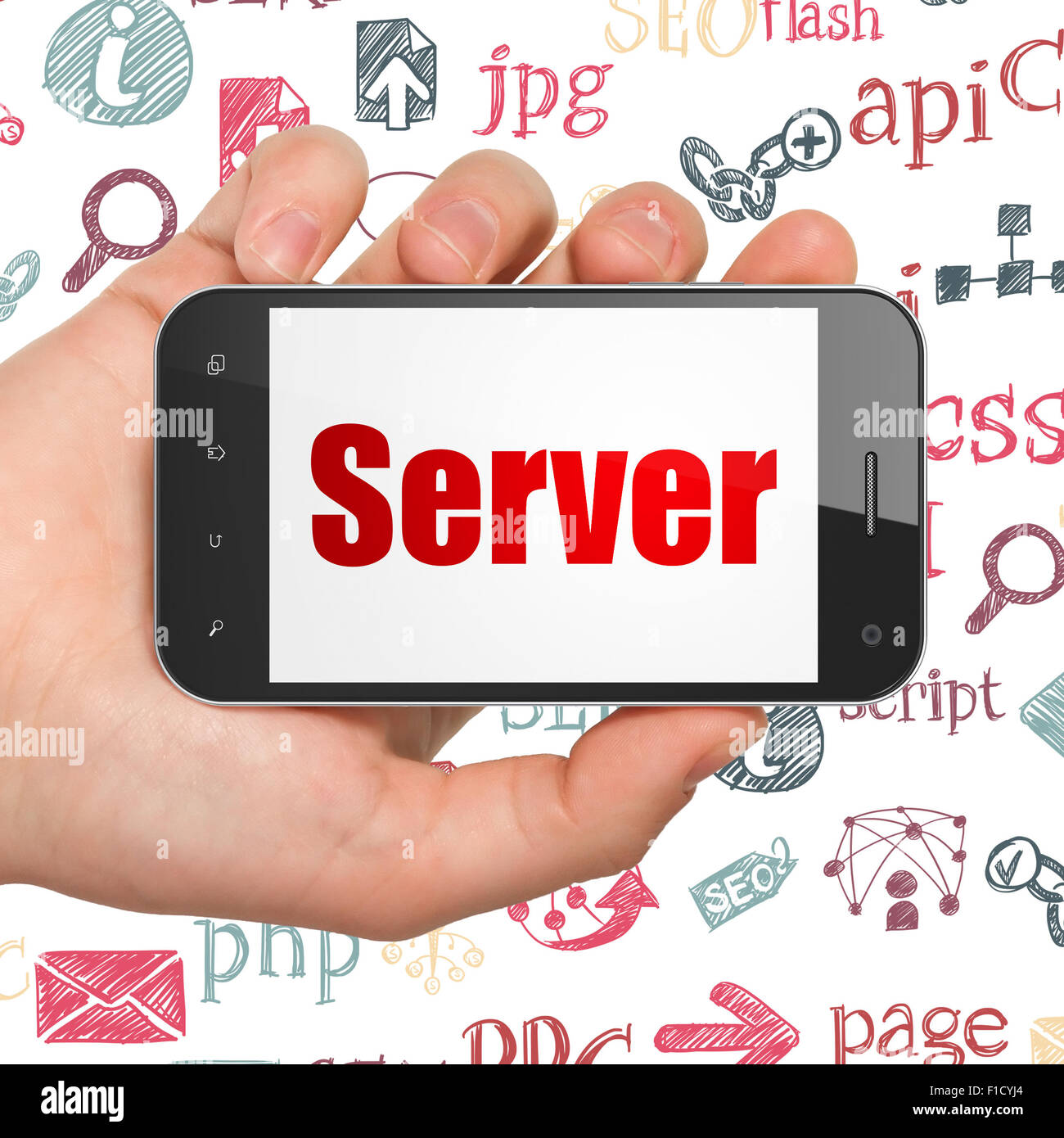 Web design concept: Hand Holding Smartphone with Server Stock Photo - Alamy