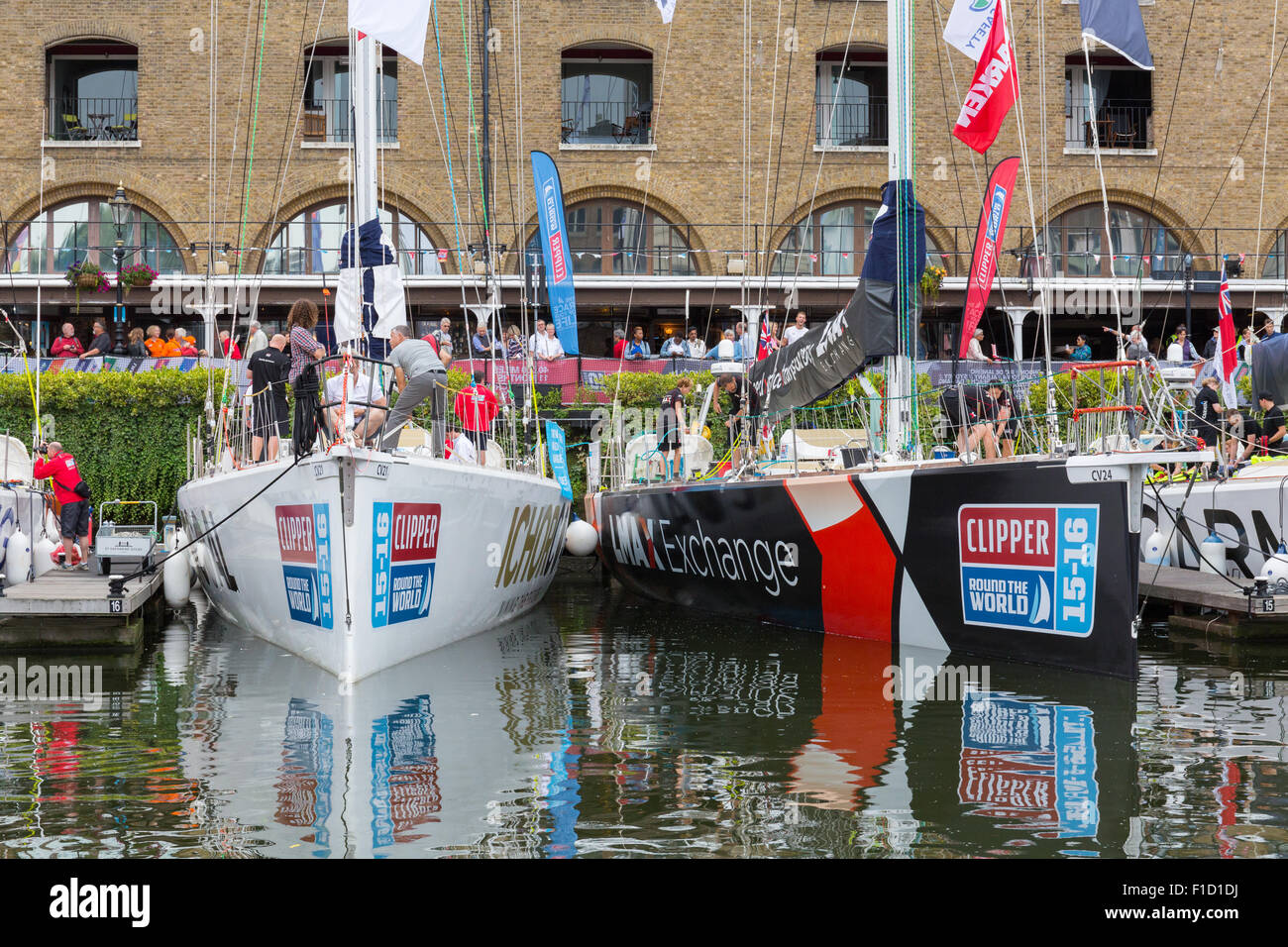 Clipper race yachts moored in St Katharine Docks London in preparation ...