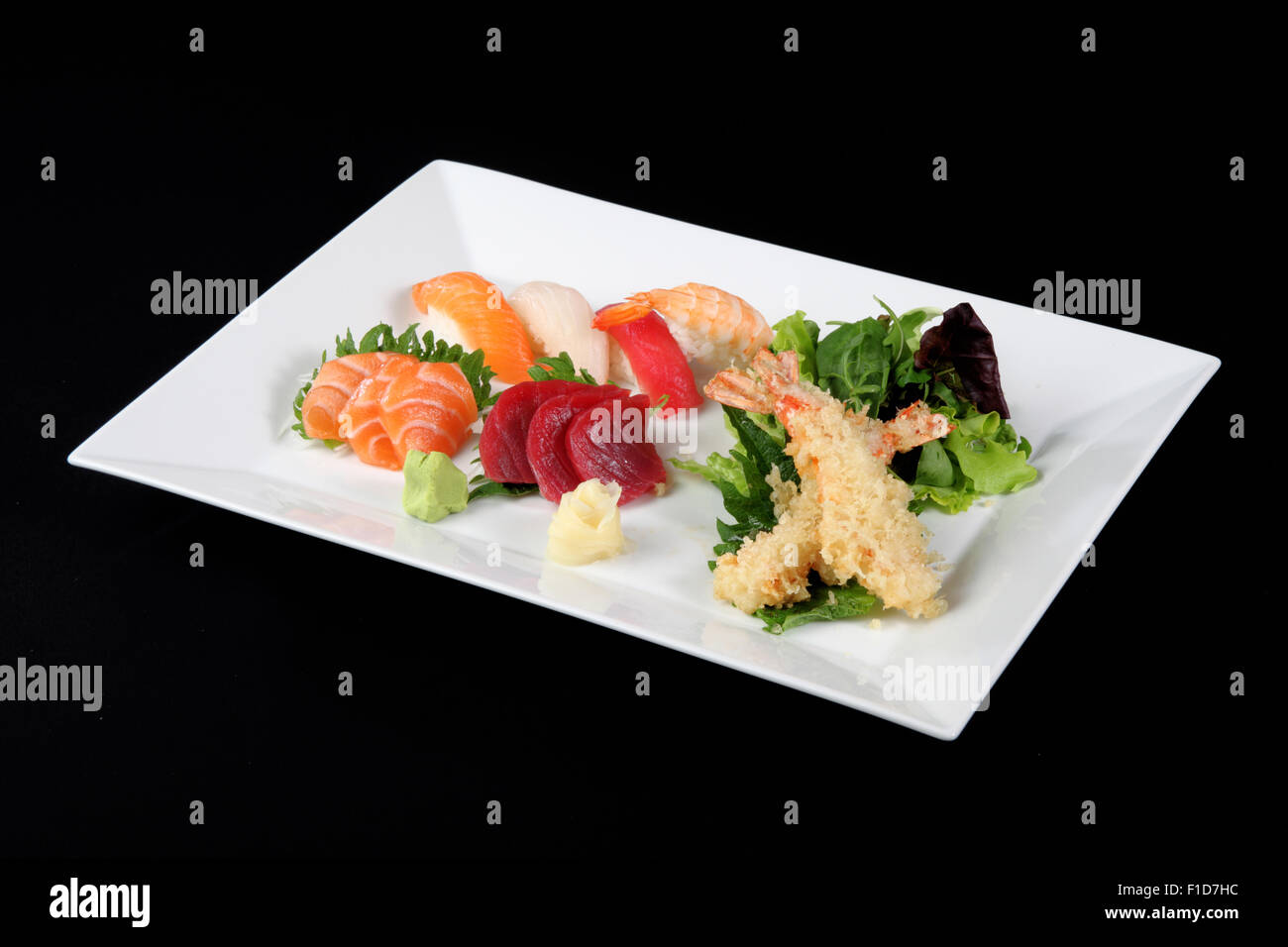 menu of sushi, sashimi and fried with vegetables in white plate on a ...