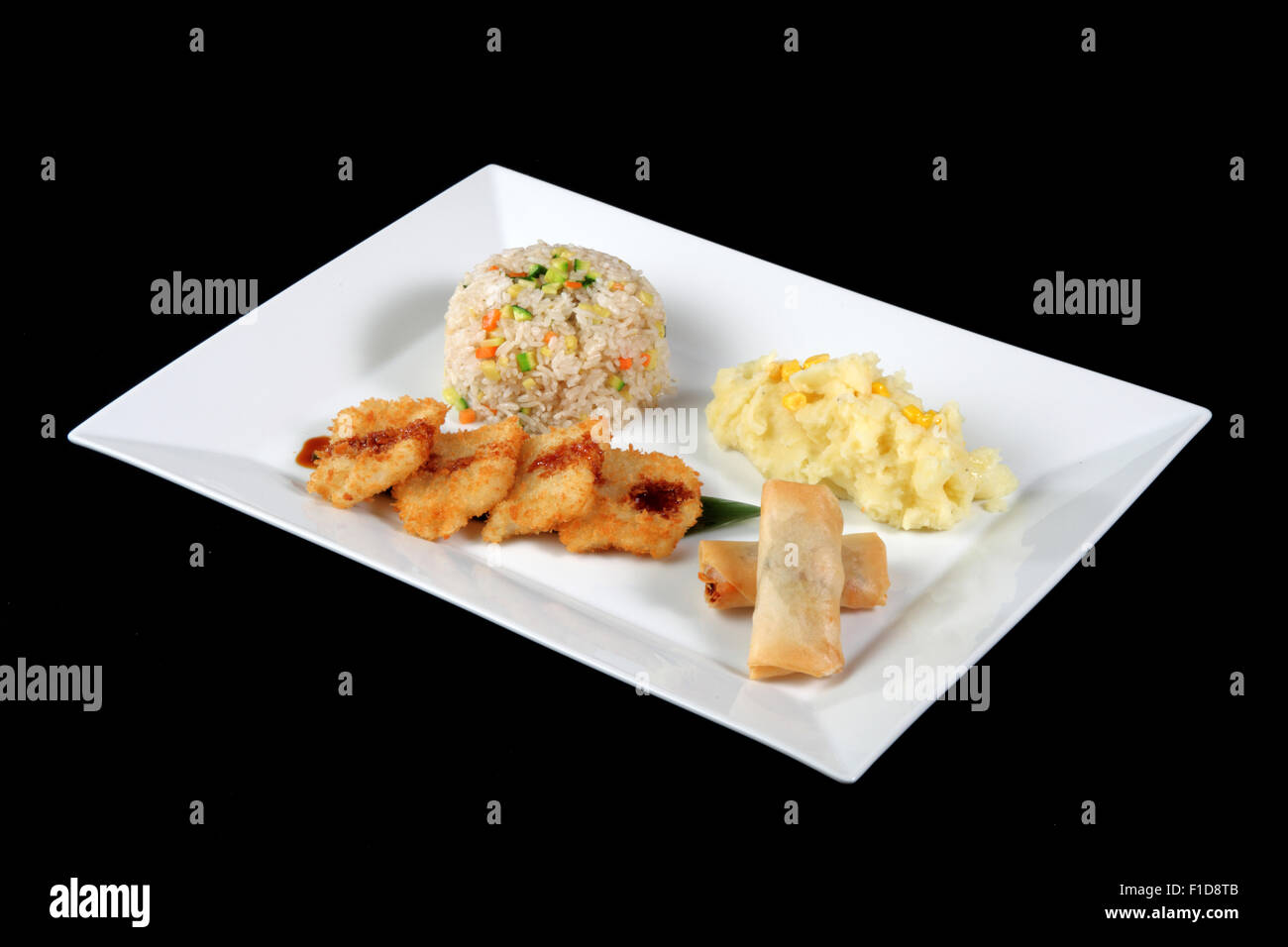 menu of fried fish with rice and vegetables on white plate, on Stock ...
