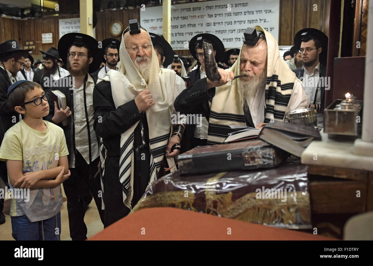 A very religious Jewish Rabbi blowing a shofar - ram's horn - at ...