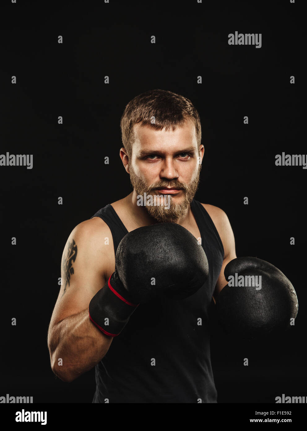 Athletic bearded boxer with gloves on a dark background Stock Photo - Alamy