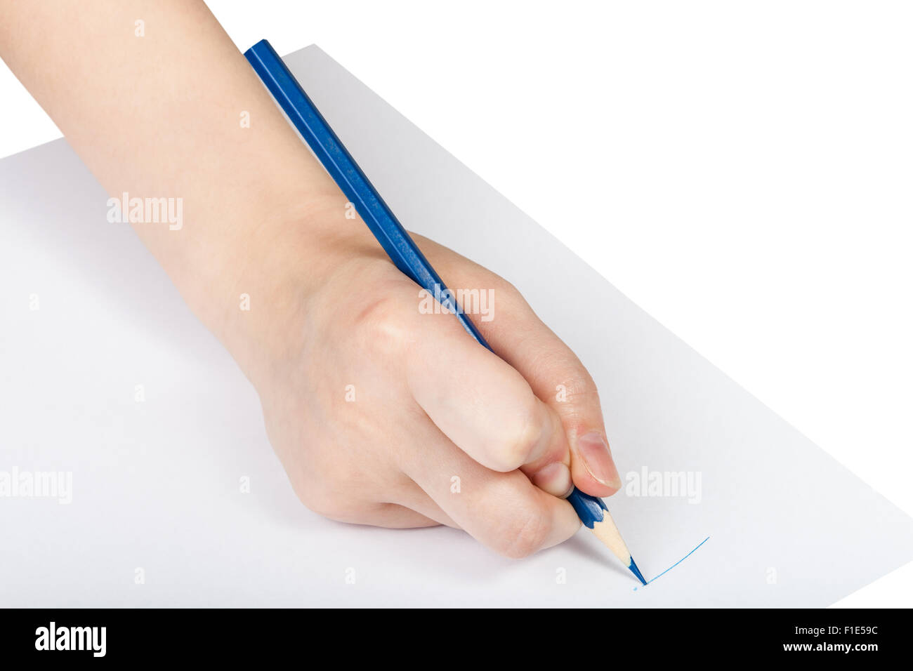 hand drafts by blue pencil on sheet of paper isolated on white ...