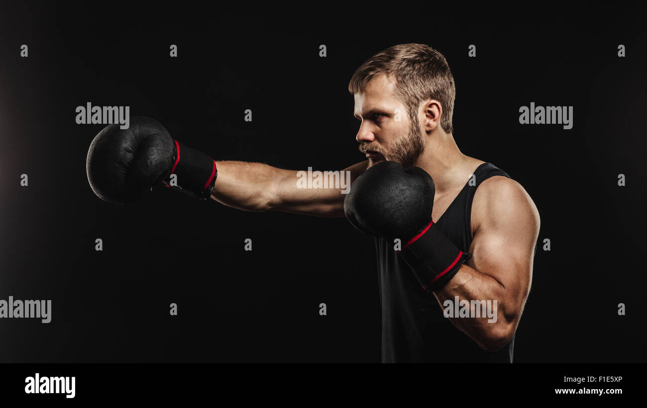 Athletic bearded boxer with gloves on a dark background Stock Photo - Alamy