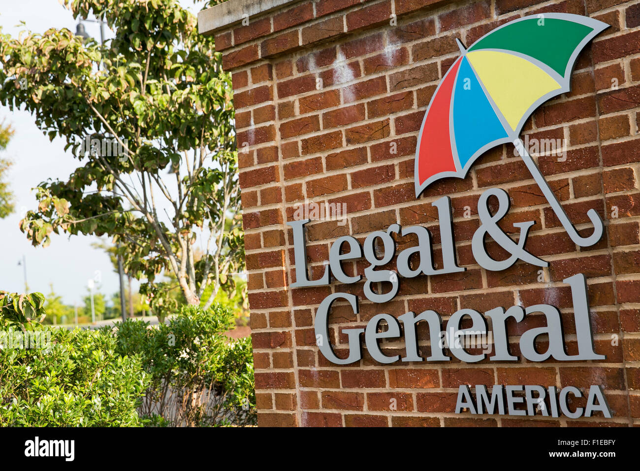 A logo sign outside of a facility occupied by Legal & General America ...