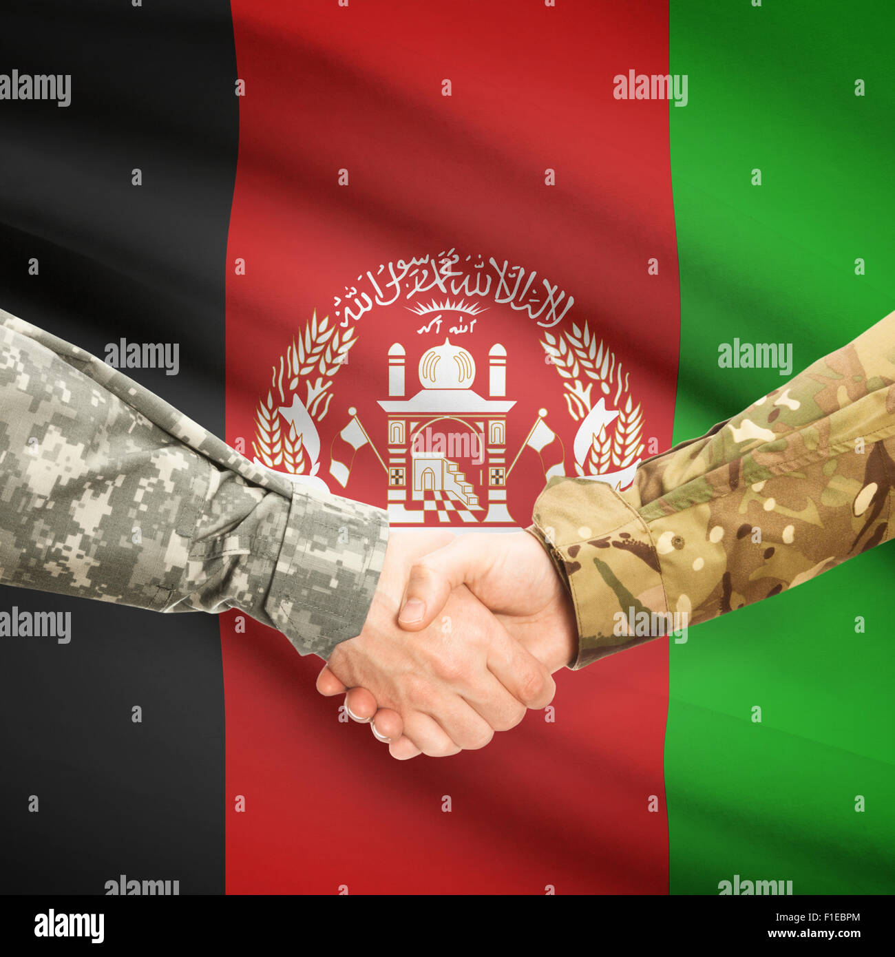 Soldiers shaking hands with flag on background - Afghanistan Stock ...