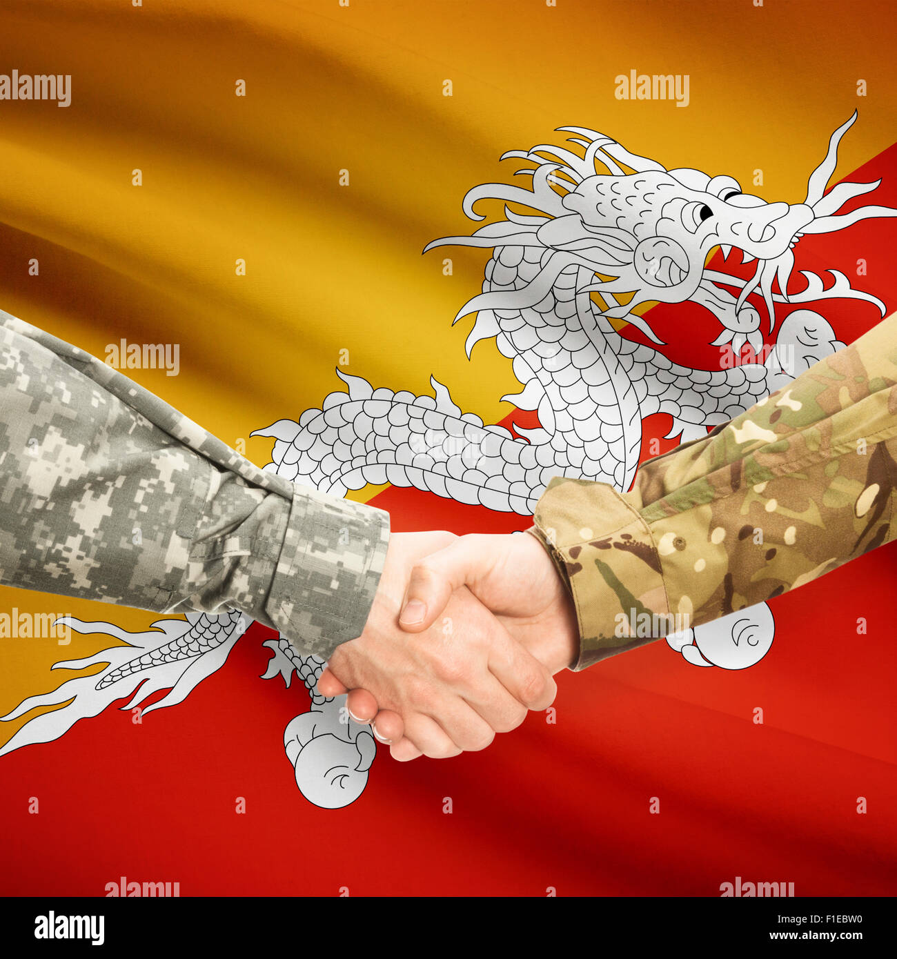 Soldiers shaking hands with flag on background - Bhutan Stock Photo - Alamy