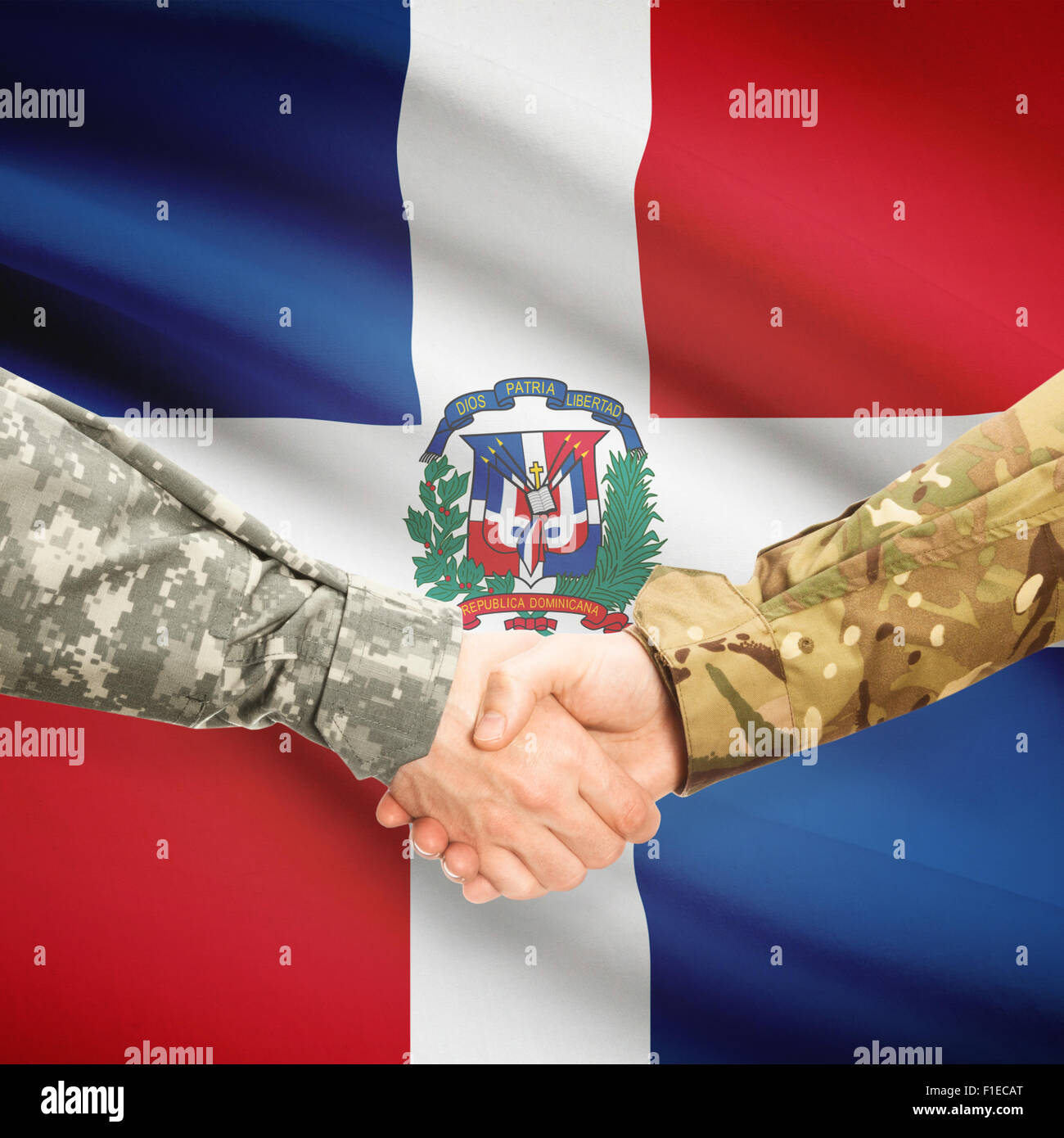 Soldiers shaking hands with flag on background - Dominican Republic ...