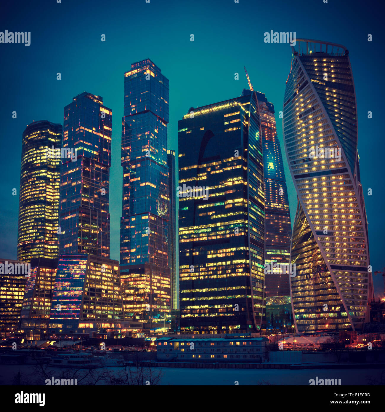Illuminated Skyscrapers Buildings of Moscow City business complex at ...