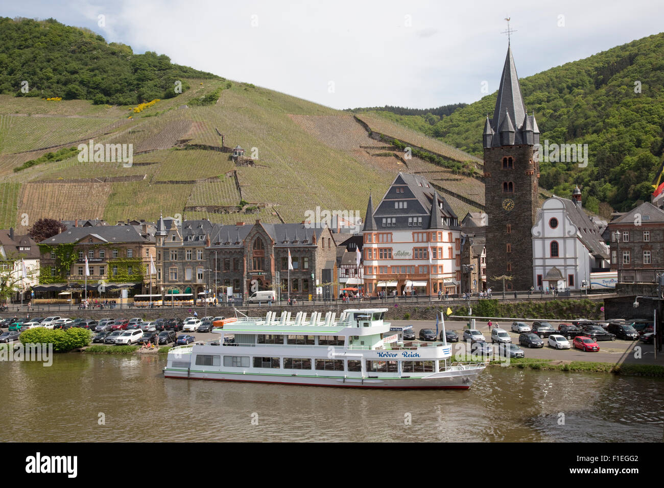 Town of Urzig with river cruise boat moored Mosel River Germany Stock ...
