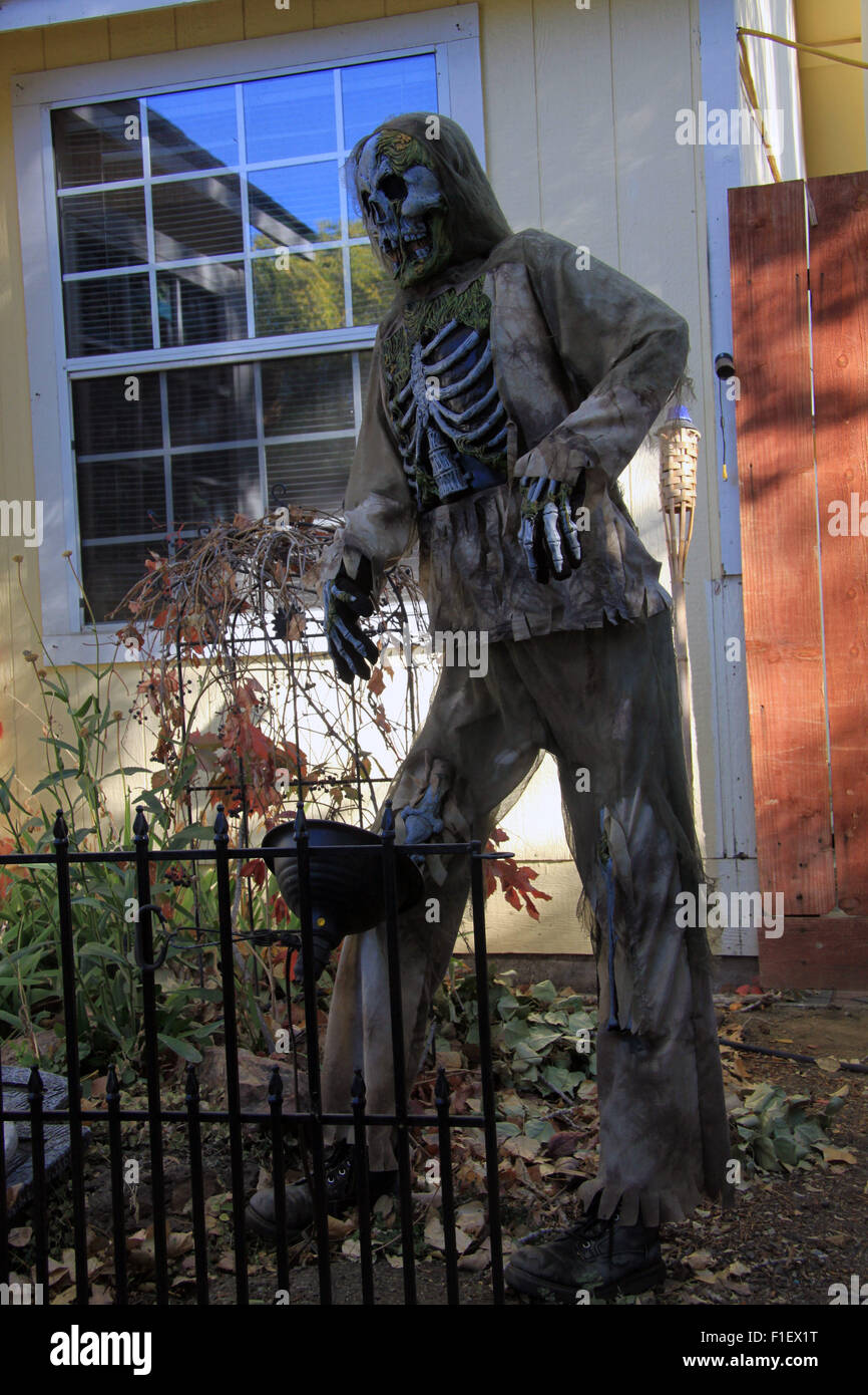 Halloween skeleton monster stands in front of an iron fence Stock Photo ...