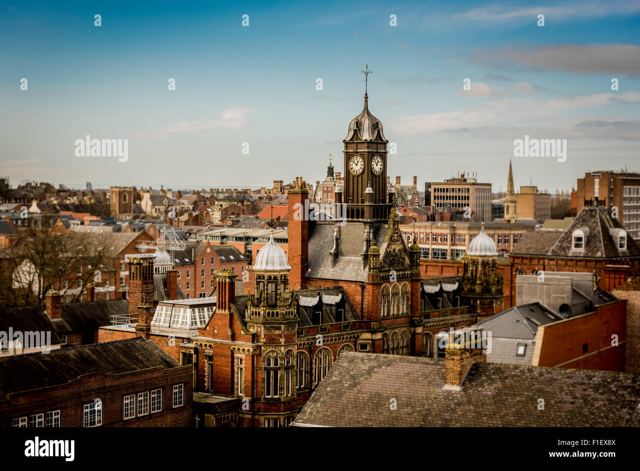 View from top of Clifford's Tower, York: City skyline and clock tower ...