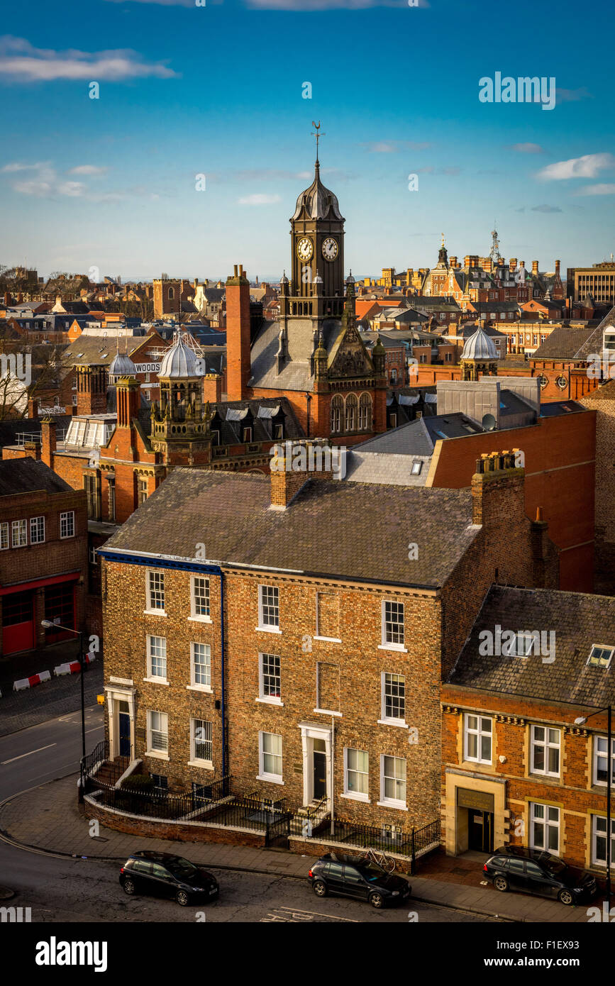 View from top of Cliffords Tower, York: City skyline and clock tower at ...
