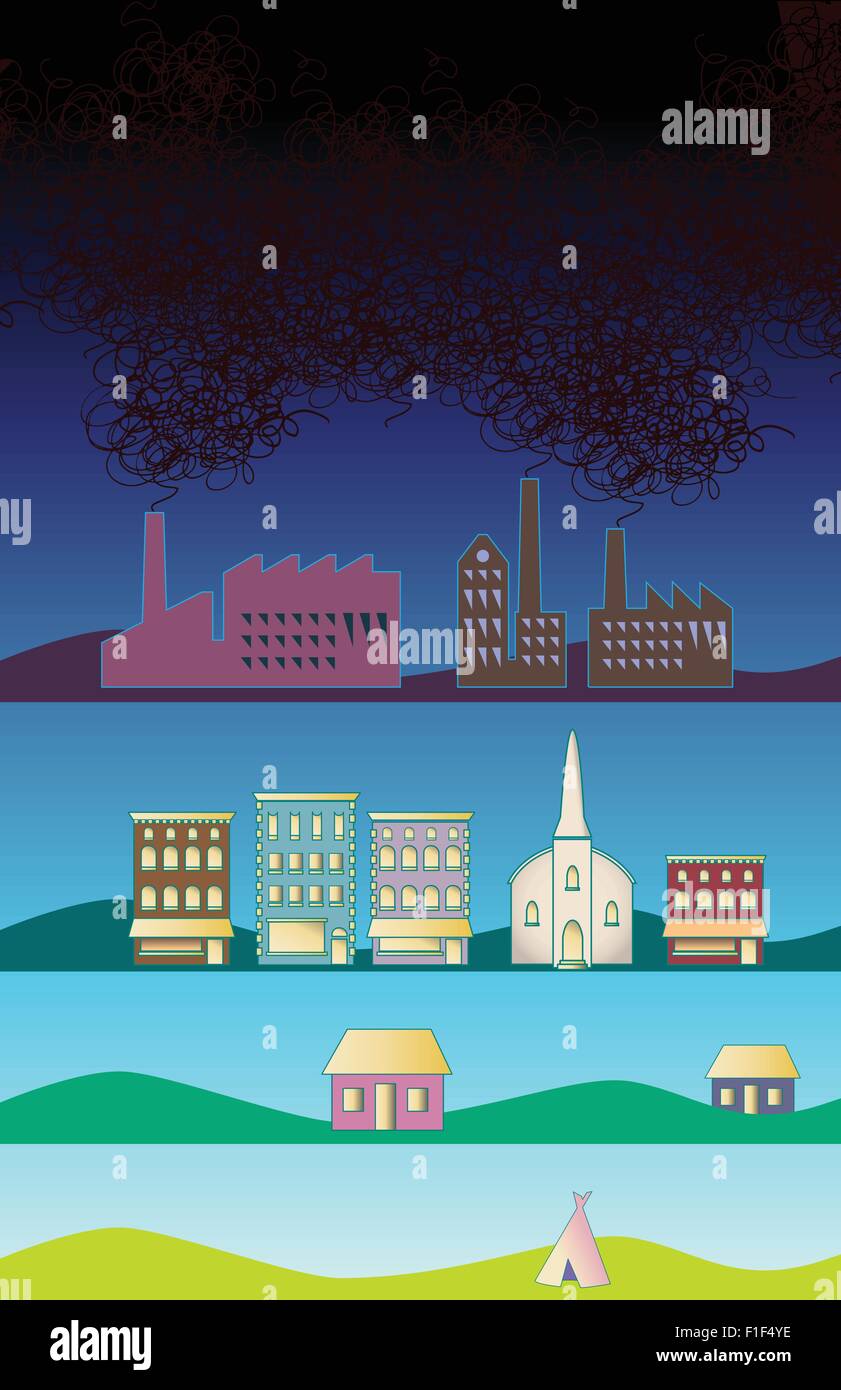 This vector illustration depicts man’s eventual environmental impact ...