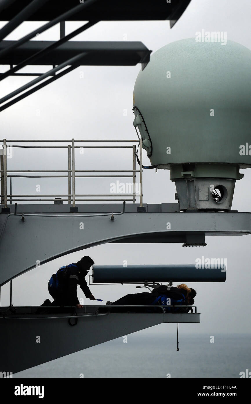 HMS Ocean, a Royal Navy assault ship, is seen during operational sea ...
