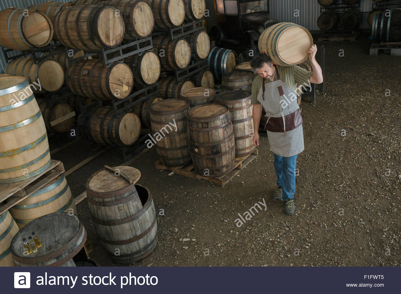 Worker carrying oak barrel in distillery cellar Stock Photo - Alamy