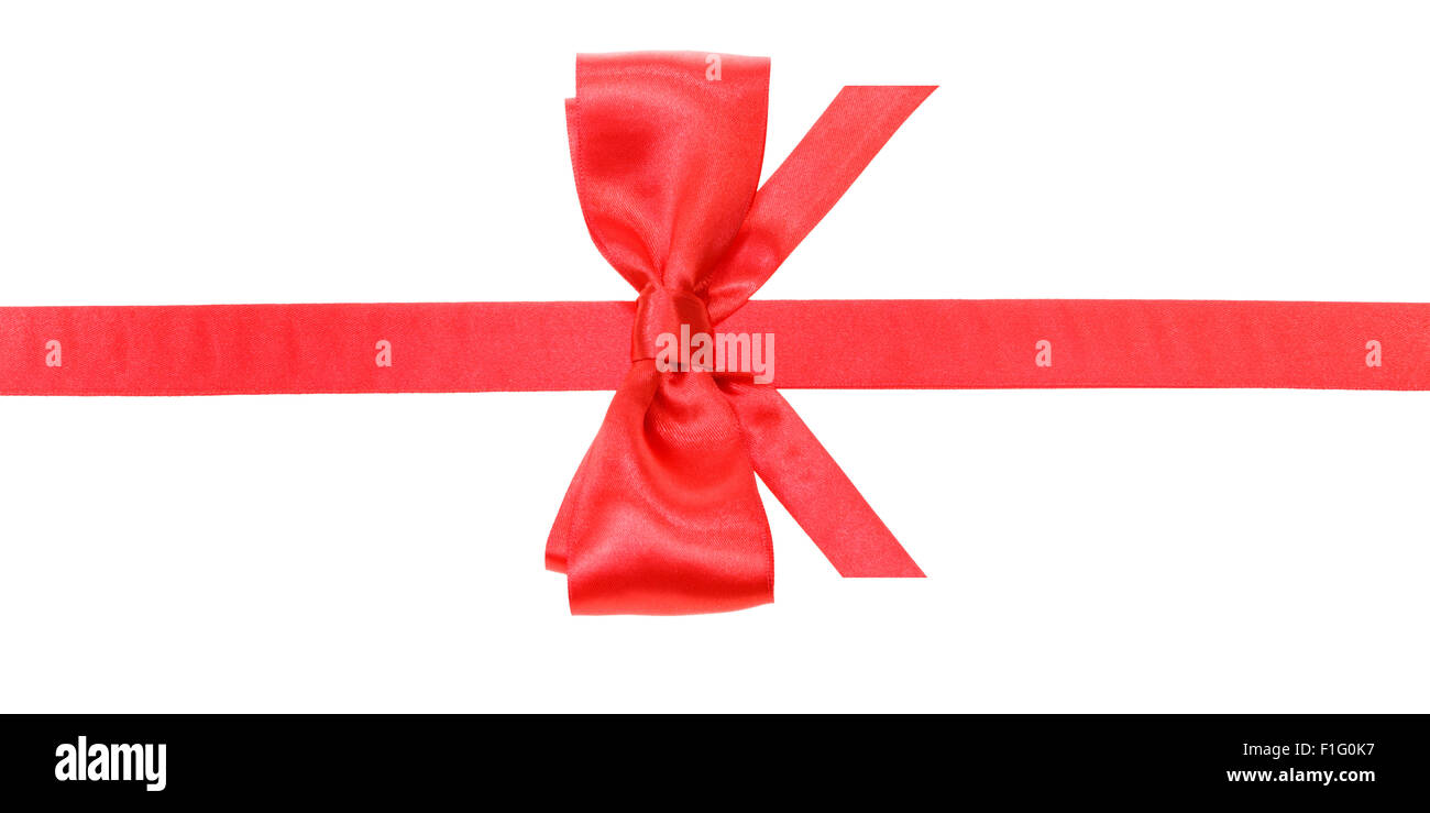 real red satin bow with vertically cut ends on narrow ribbon isolated ...