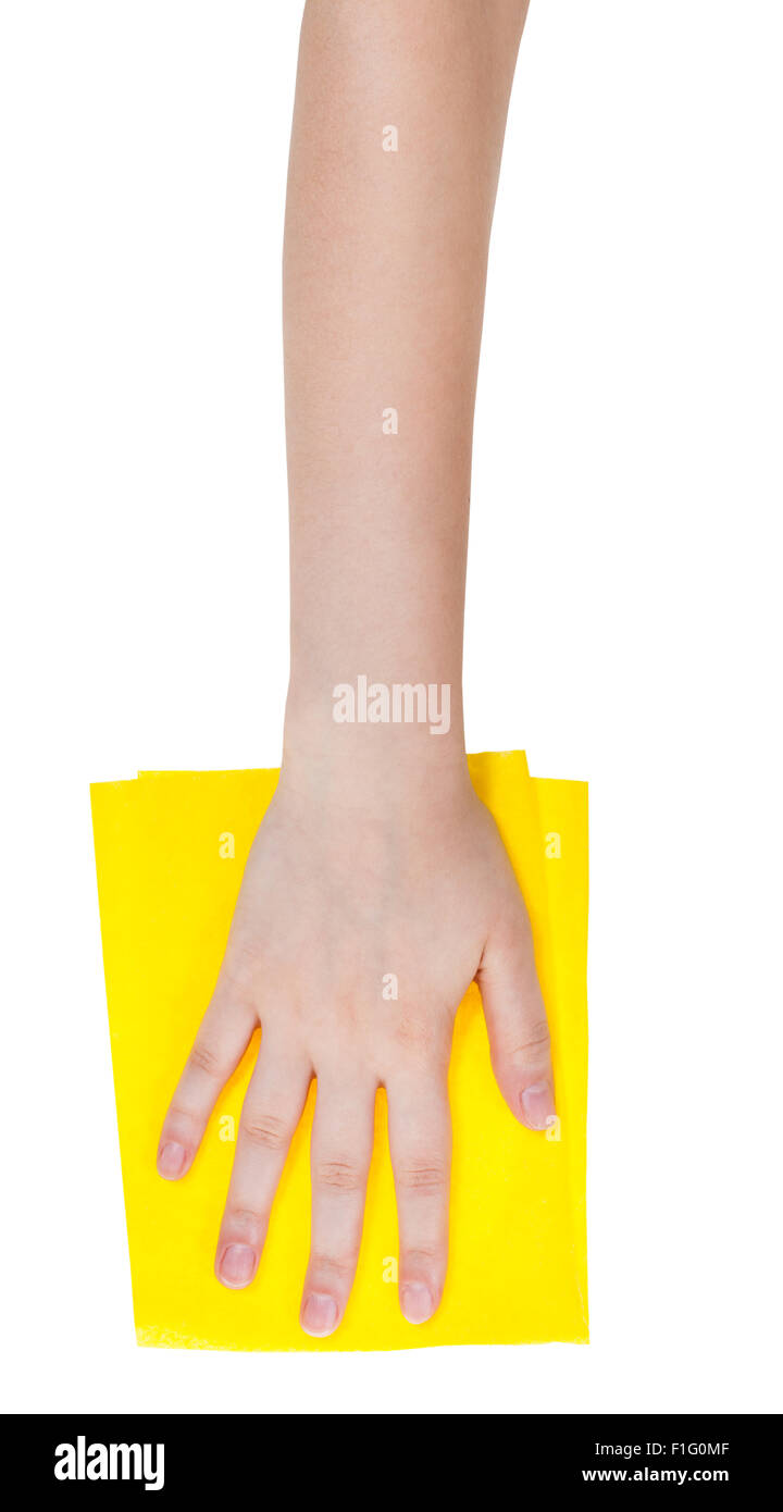 top view of hand with yellow cleaning rag isolated on white background ...