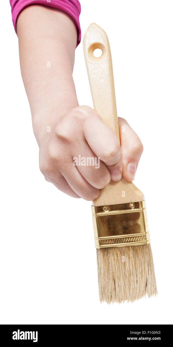 front view of hand with clean flat paint brush isolated on white ...