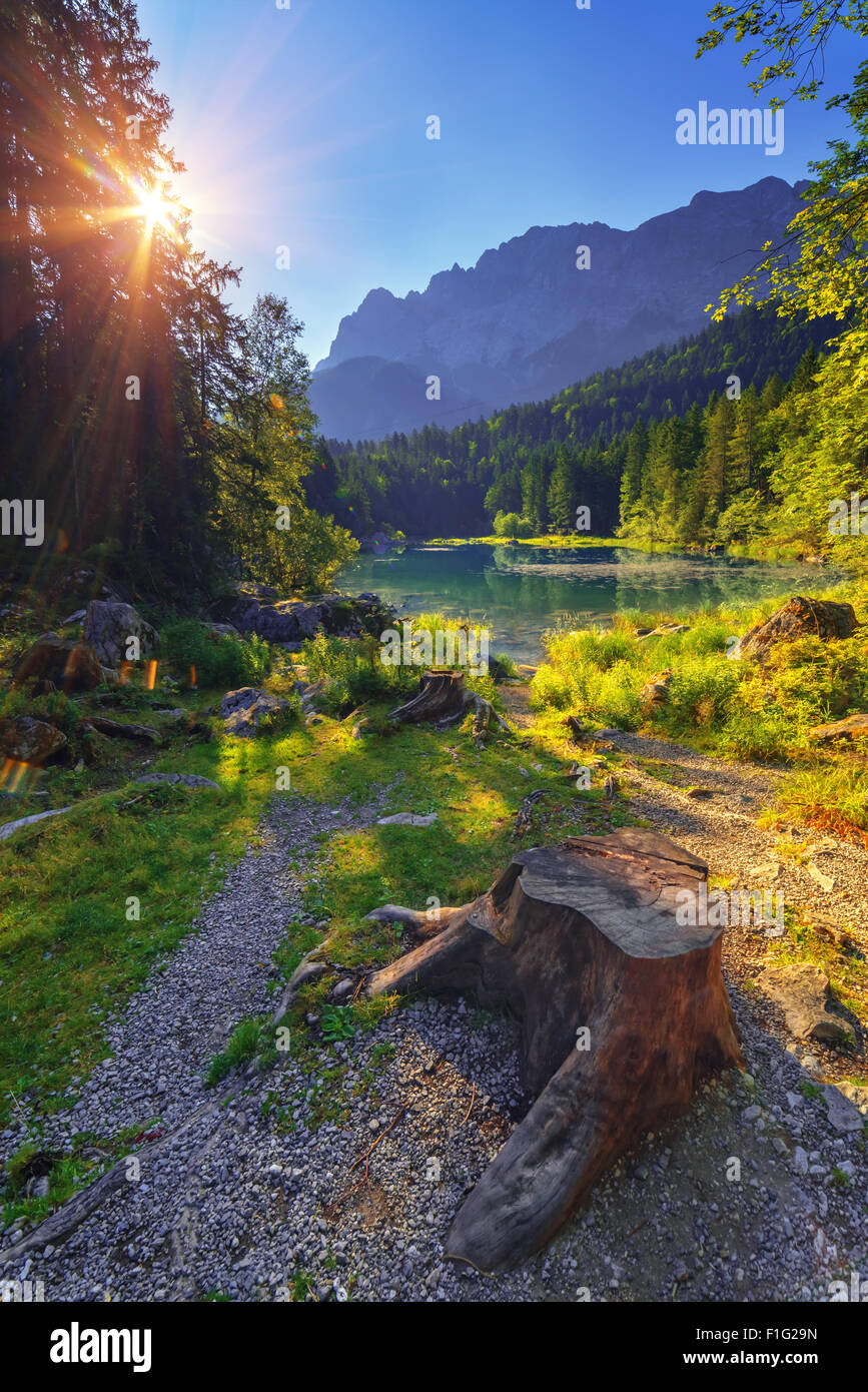 Fantastic sunrise on mountain lake Eibsee, located in the Bavaria ...