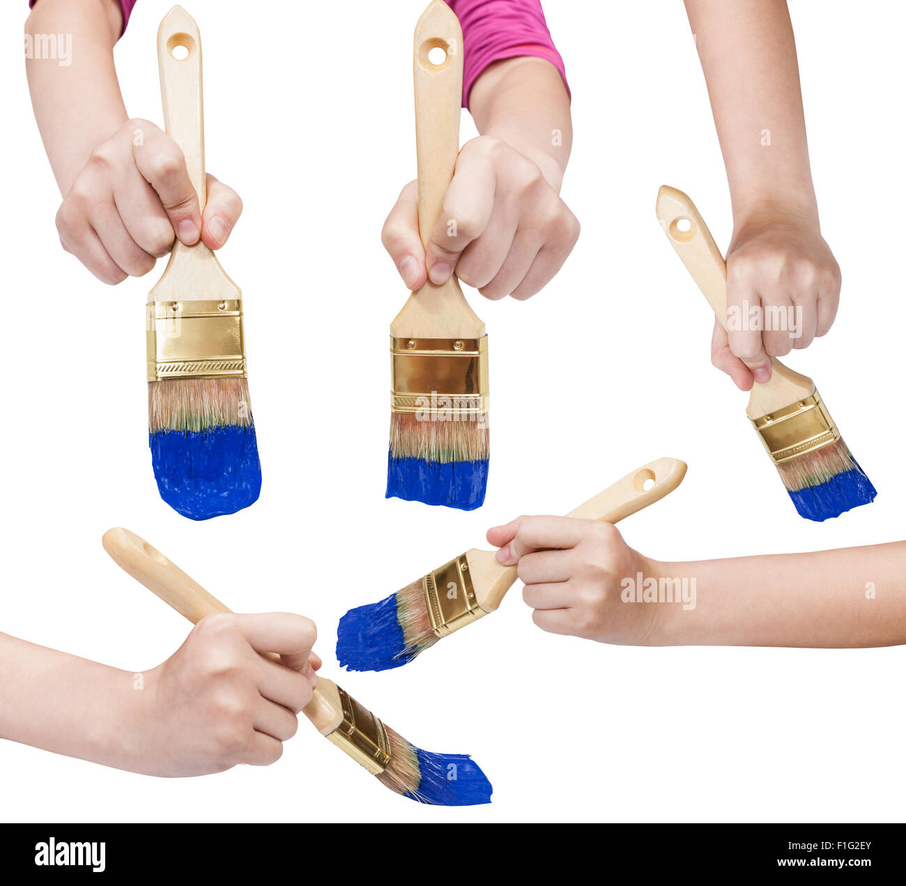 set of painter hands with flat paint brushes with blue painted tips ...