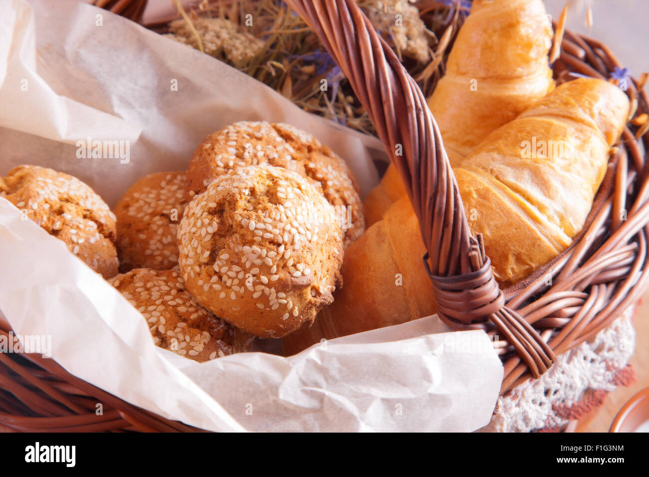 Fresh pastries in a basket Stock Photo - Alamy