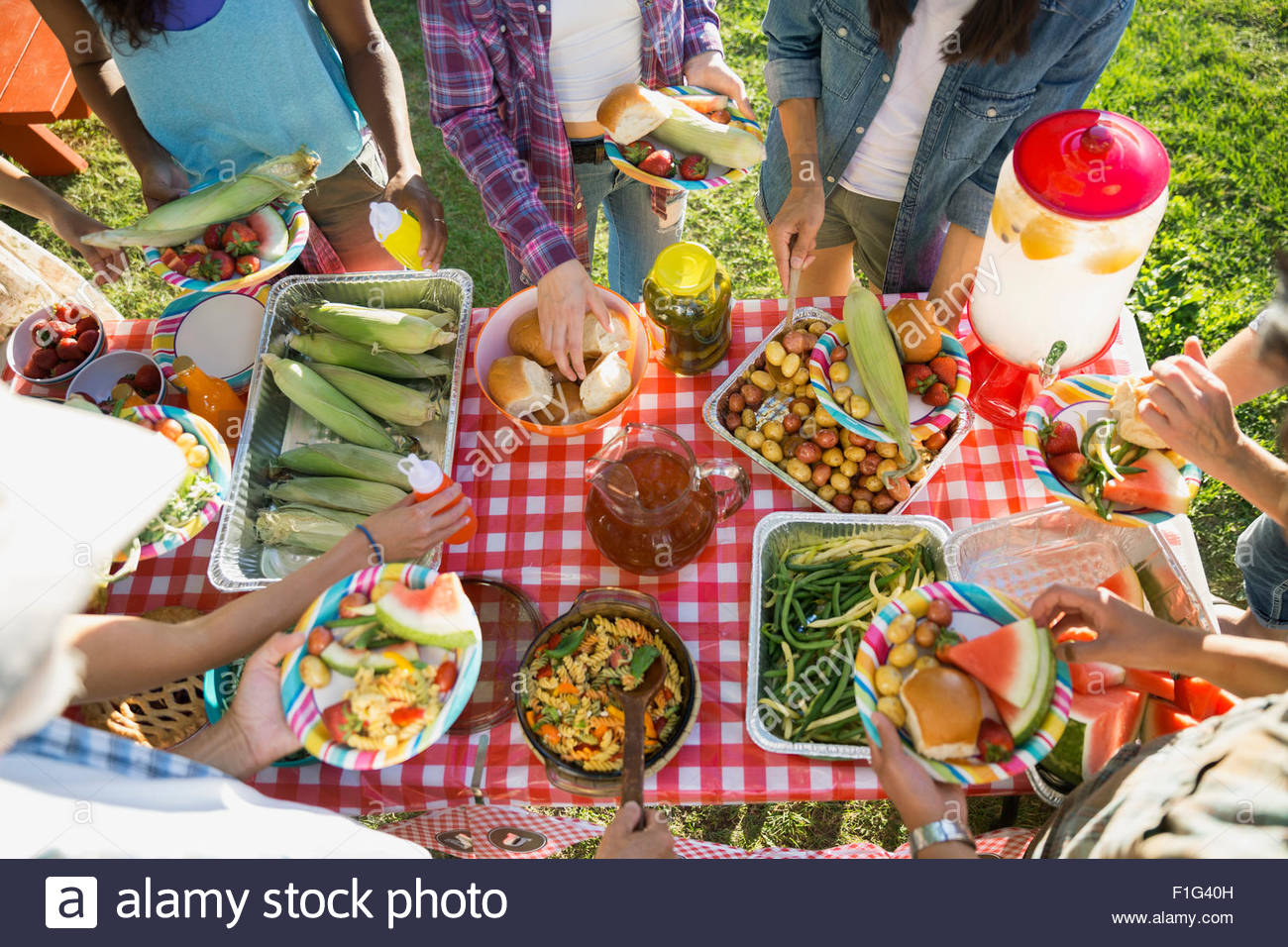 Overhead smiling neighbors around potluck table sunny park Stock Photo ...
