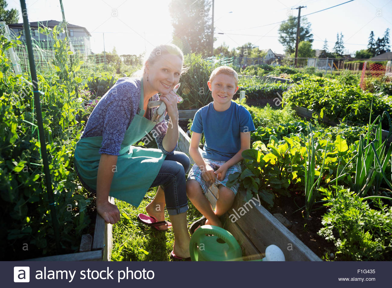 Portrait smiling mother and son sunny vegetable garden Stock Photo - Alamy