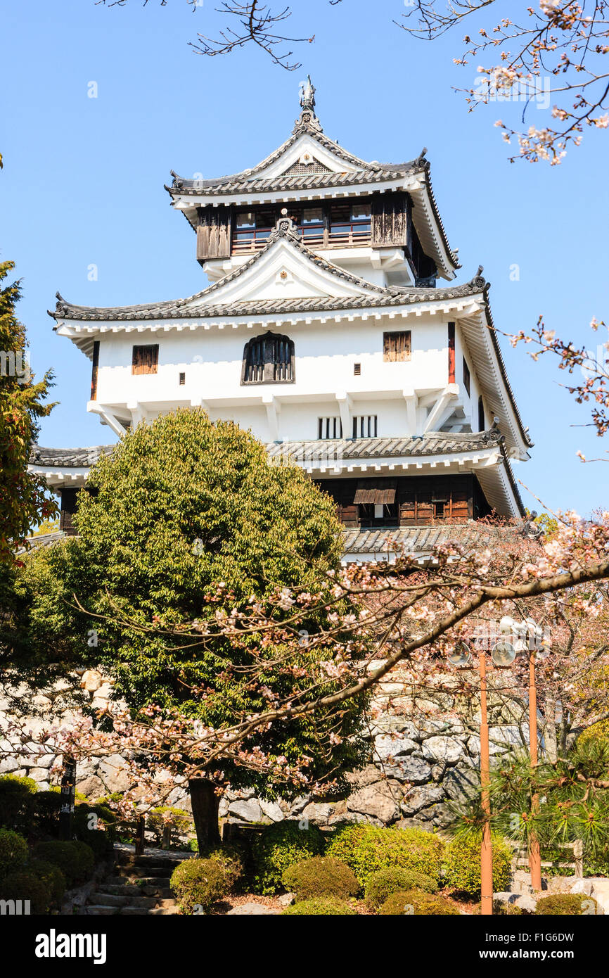 Japanese Iwakuni castle. The reconstructed mountain-top four level main ...