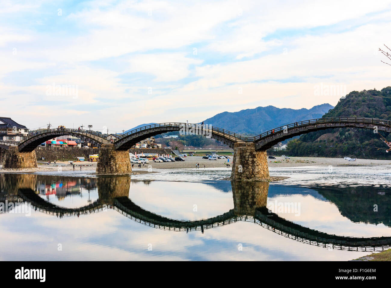 Iwakuni, Japan. The famous multi-arched wooden Kintaikyo bridge and it ...